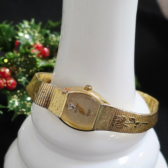 Elgin | Accessories | Vintage Elgin Diamond Quartz Womens Gold Tone ...